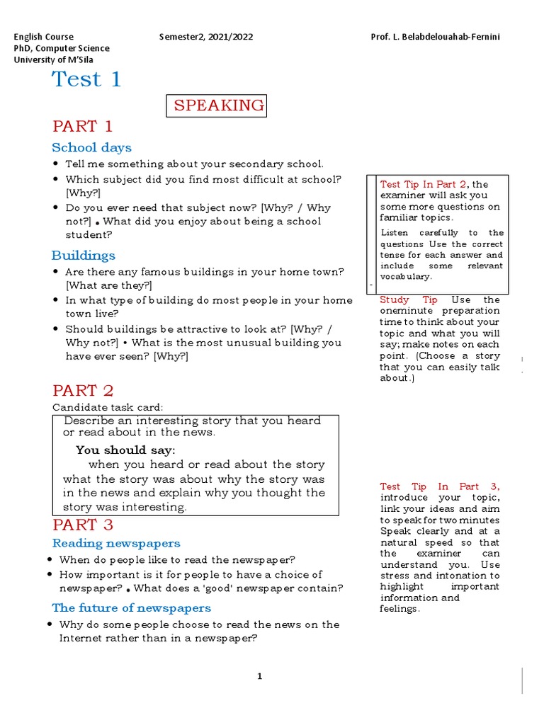 Test 1: Speaking | PDF | Test (Assessment) | News