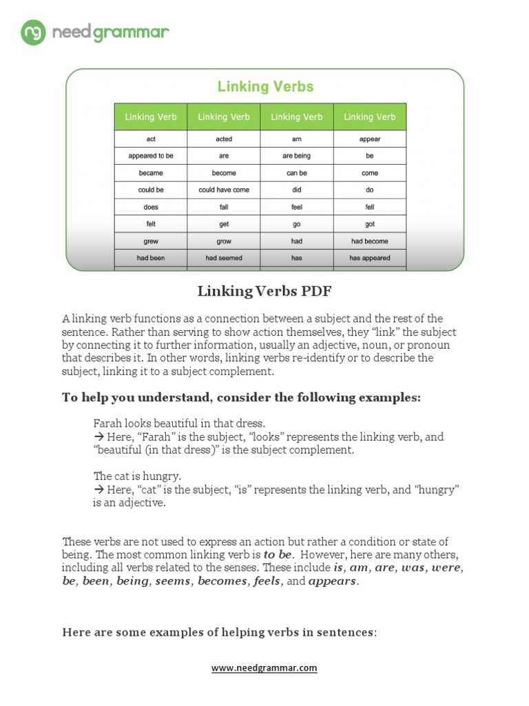 Linking Verbs PDF | Download Free PDF | Verb | Subject (Grammar)