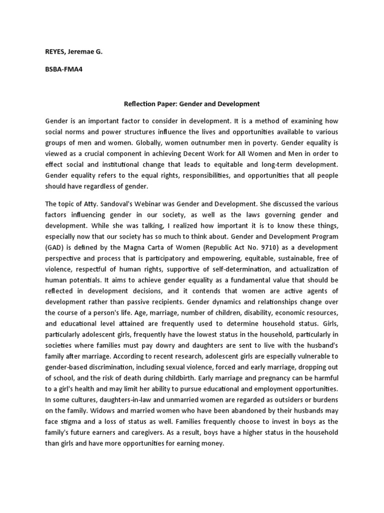REYES Reflection Gender&Development | PDF | Gender Studies | Gender