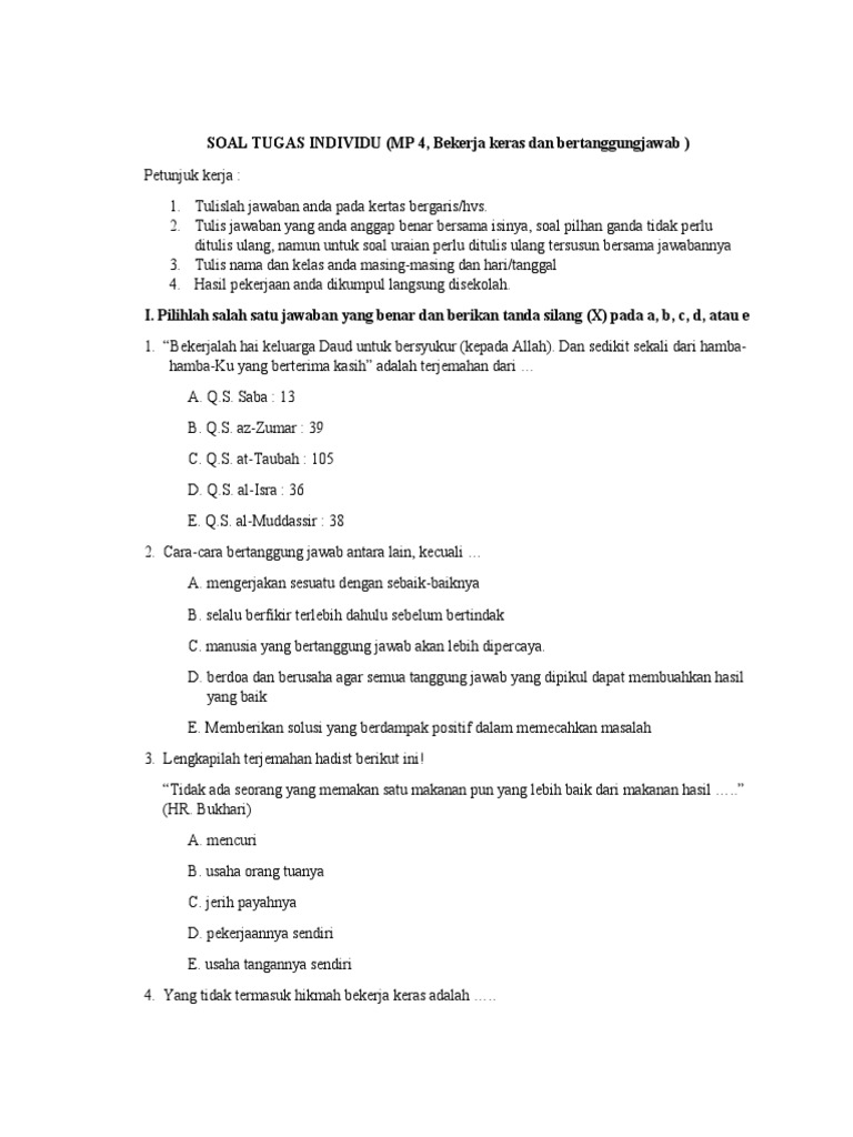 Soal MP 4 (Kerja Keras & Bertanggungjawab) | PDF | Karier & Perkembangan | Pengembangan Diri