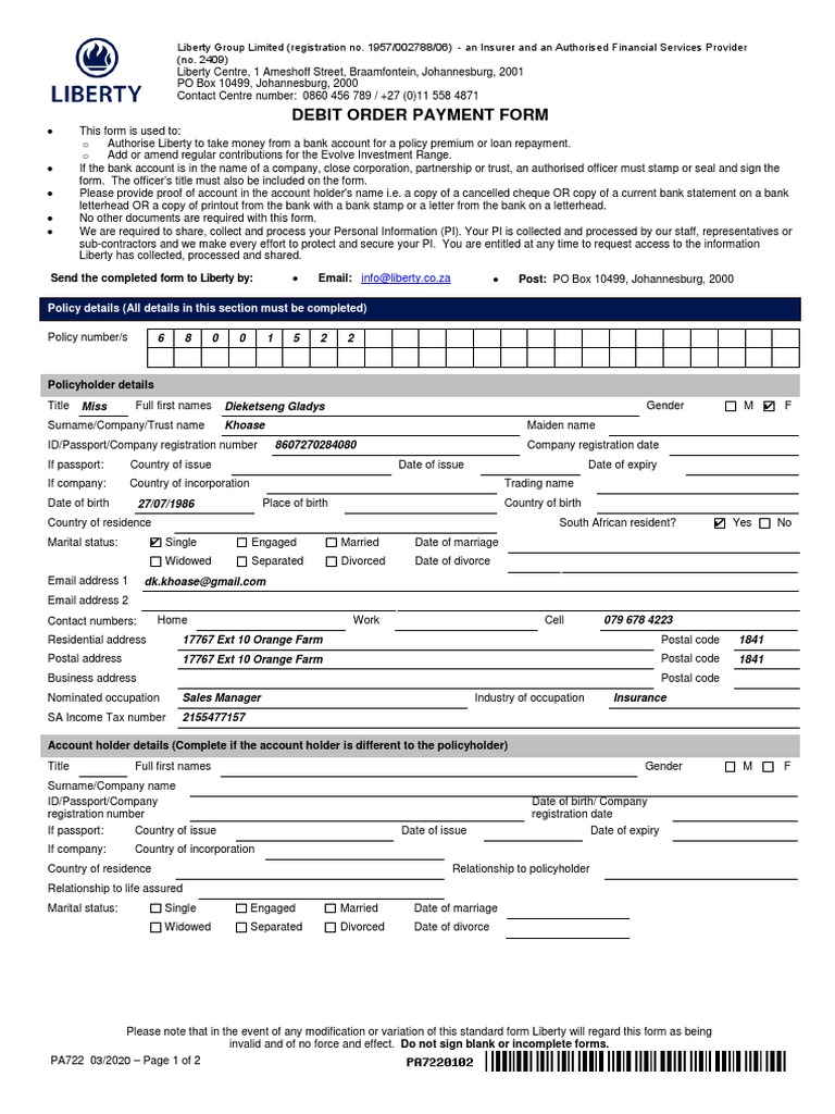 Liberty Debit Order Payment Form | PDF | Banks | Debit Card