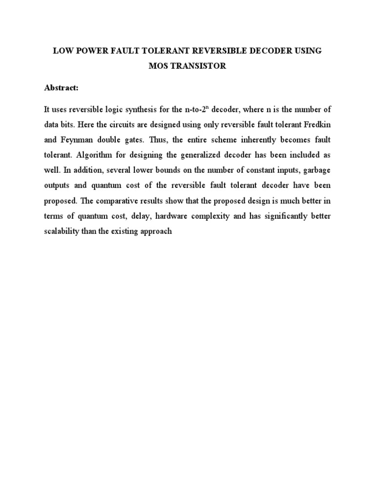 Low Power Fault Tolerant Reversible Decoder Using Mos Transistor | PDF