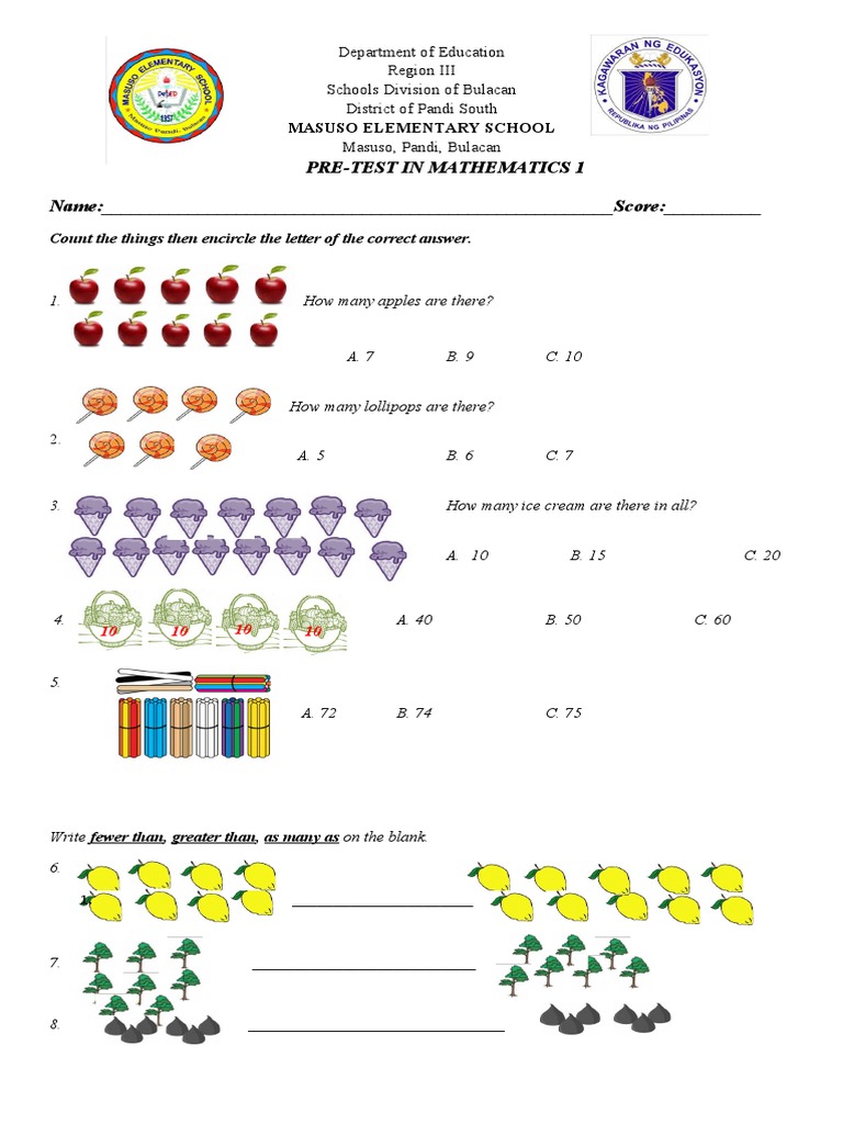 Pre-Test in Mathematics 1 Name: - Score | PDF | Mathematics | Notation