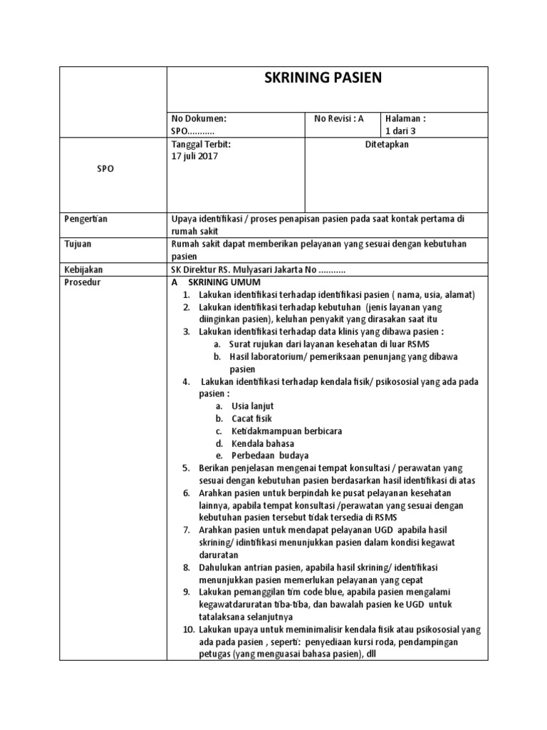 Spo Skrining Pasien | PDF | Pengembangan Diri | Kesehatan Holistik
