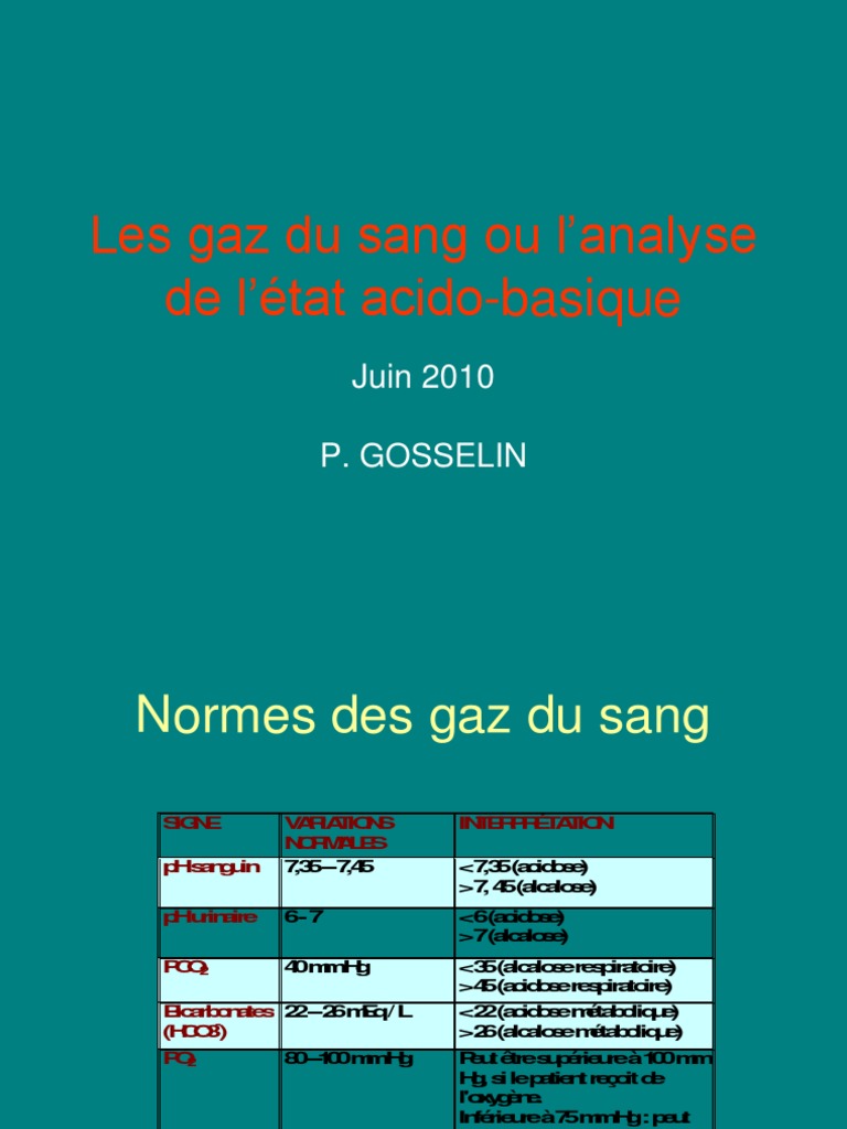 Normes de gazométrie sanguine | PDF | Métabolisme | Médecine de soins ...