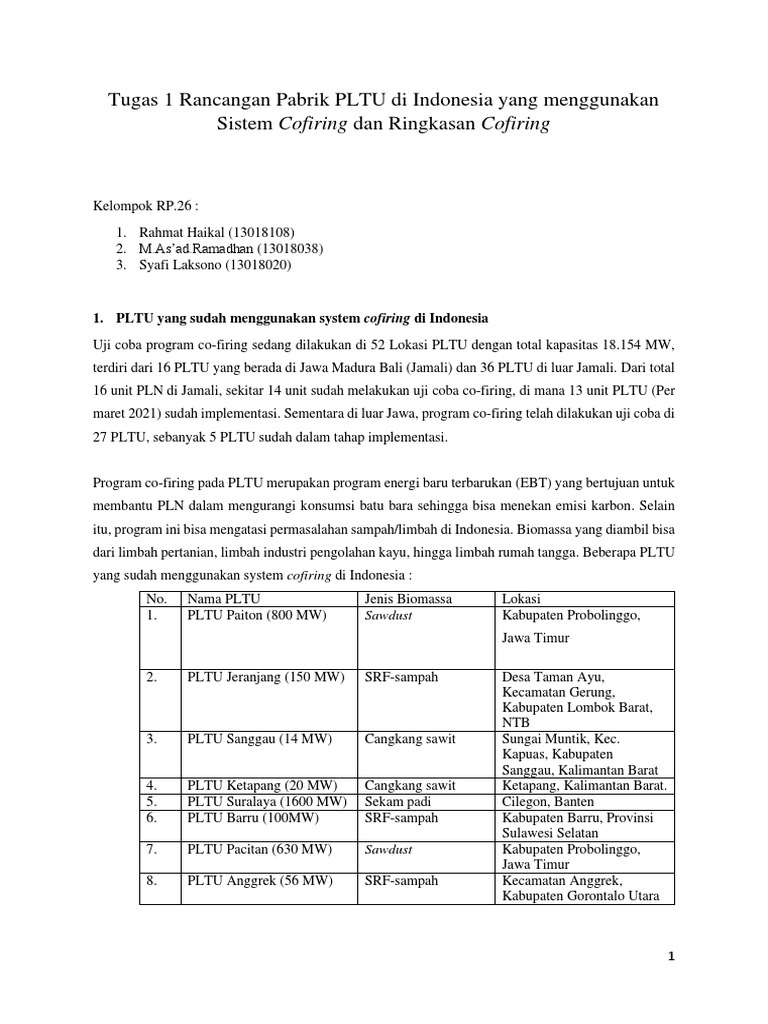 Rancangan Cofiring PLTU di Indonesia | PDF