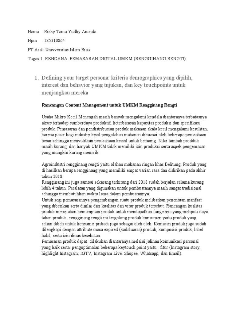 Tugas 1 - Rizky Tama Yudhy Ananda - Pemasaran Digital - 185310864 | PDF | Bisnis