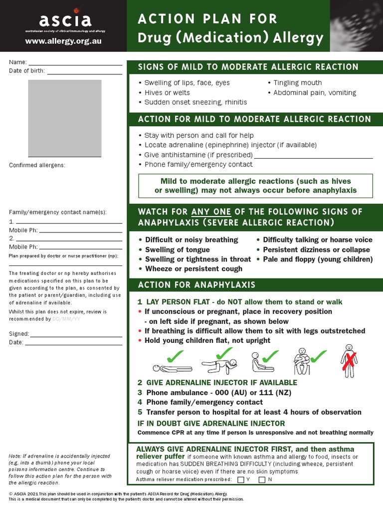 ASCIA Anaphylaxis Action Plan | PDF | Allergy | Health Sciences