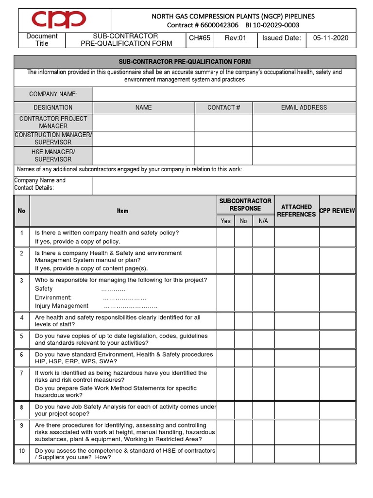 Subcontractor Pre-Qualification Form | PDF | Occupational Safety And ...