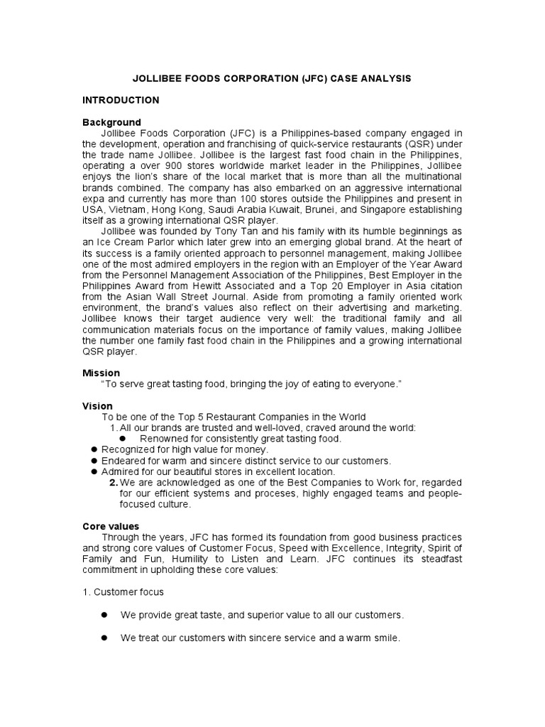 Case Analysis Jollibee | PDF | Fast Food Restaurants | Brand