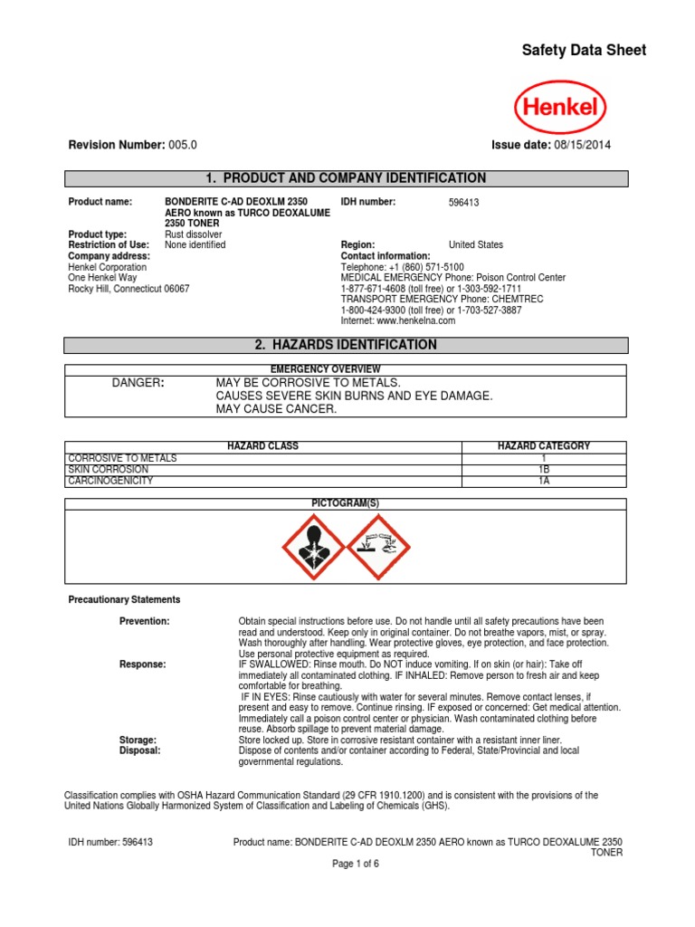 Product and Company Identification: Safety Data Sheet | PDF | Dangerous ...