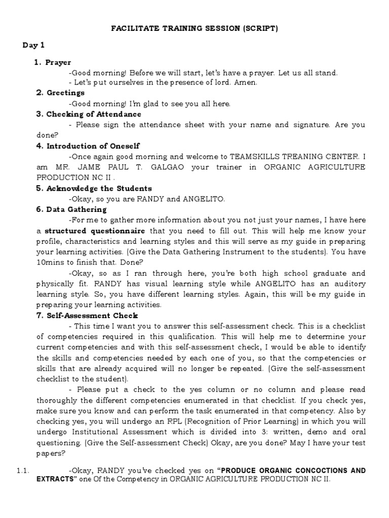 Facilitate Training Session (Script) Day 1 1. Prayer: Produce Organic Concoctions and Extracts ...