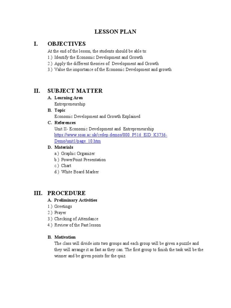 Economic Development Lesson Plan | PDF | Economic Growth | Entrepreneurship
