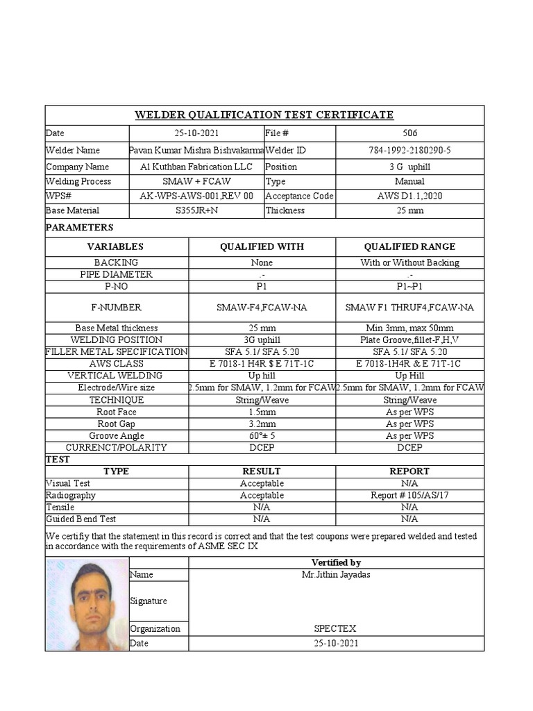 Welder Qualification Test Certificate: Parameters Variables Qualified ...