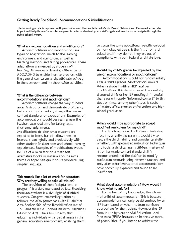 Accommodations For Children With Learning Differences | PDF ...