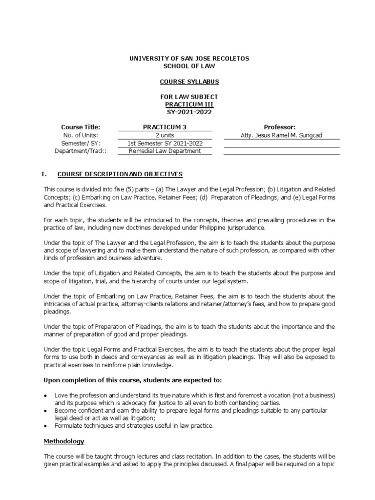 Course Syllabus OUTLINE For Practicum III First Sem SY 2021 2022 | PDF ...