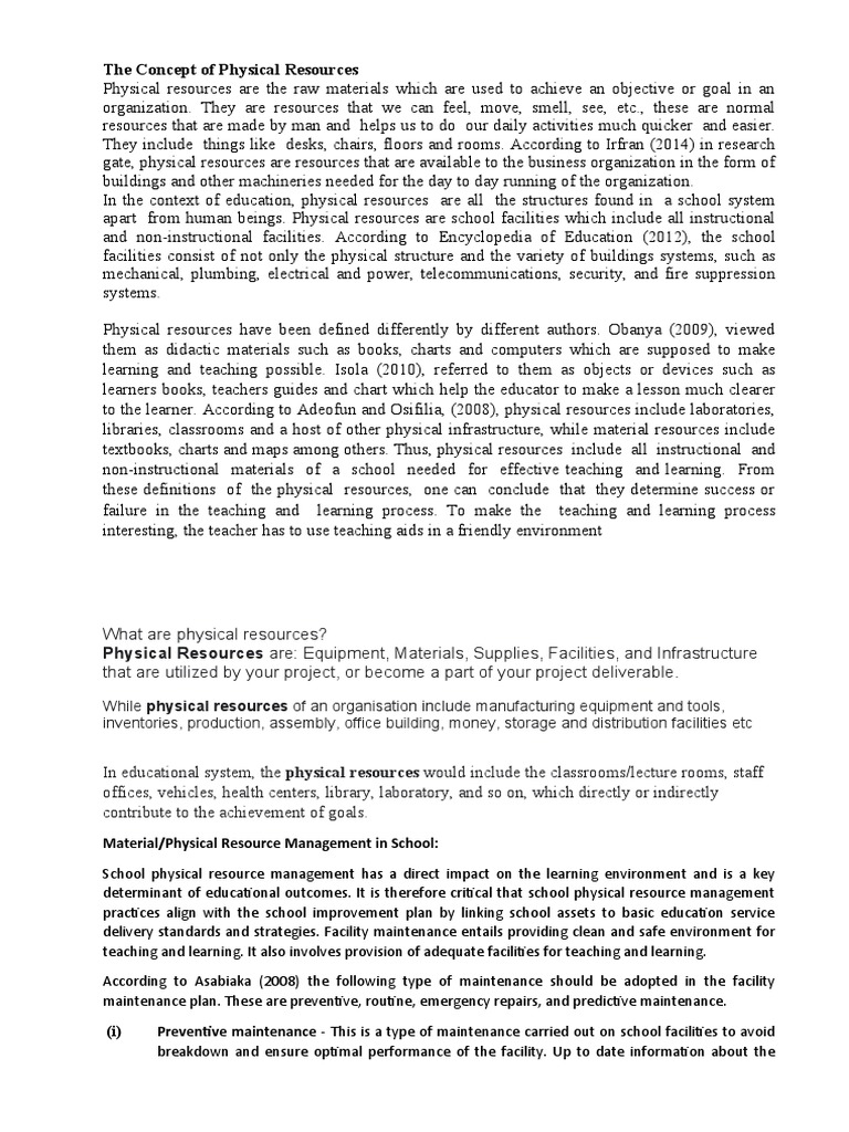 Understanding Physical Resources in Education | PDF | Classroom | Schools