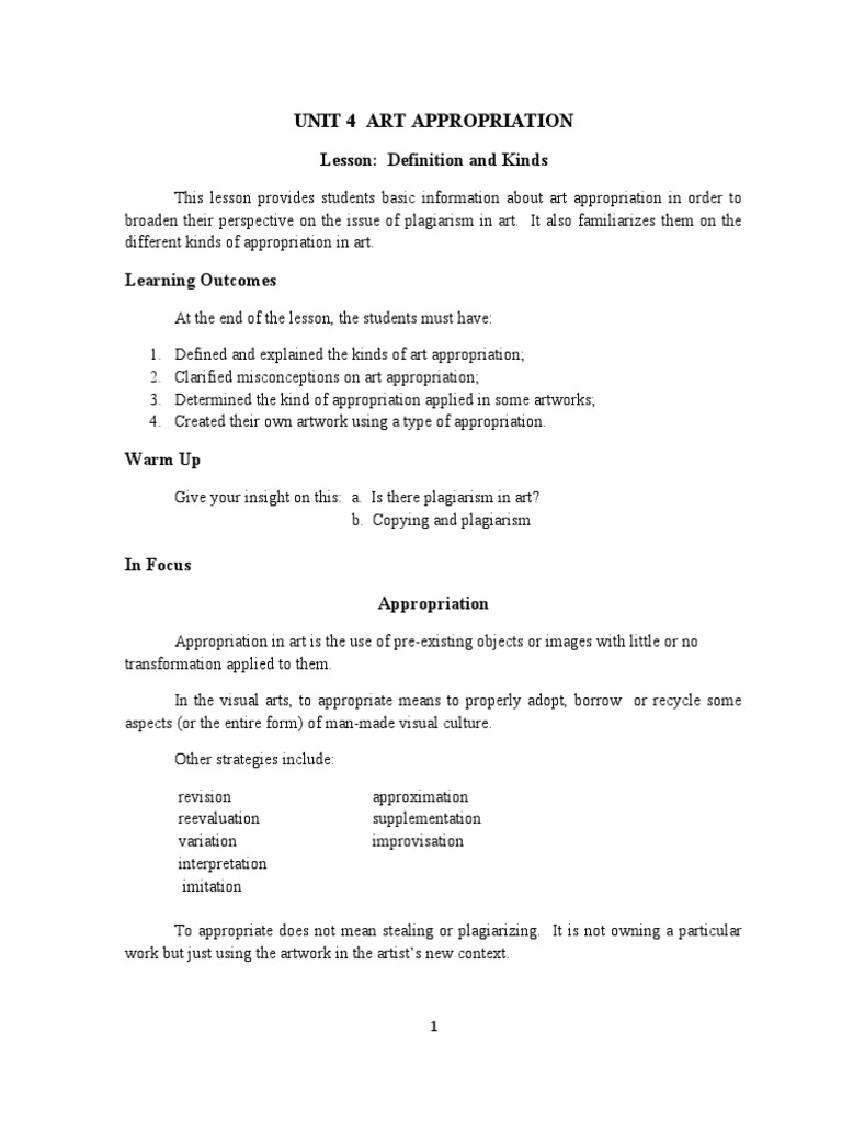 Unit 4 Art Appropriation: Lesson: Definition and Kinds | PDF ...