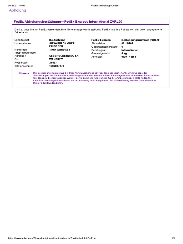 FedEx Pick Up Confirmation 10398037 | PDF