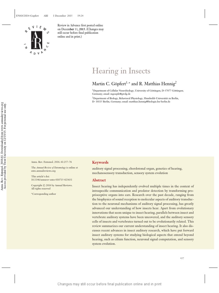 Hearing in Insects | PDF | Hearing | Ear