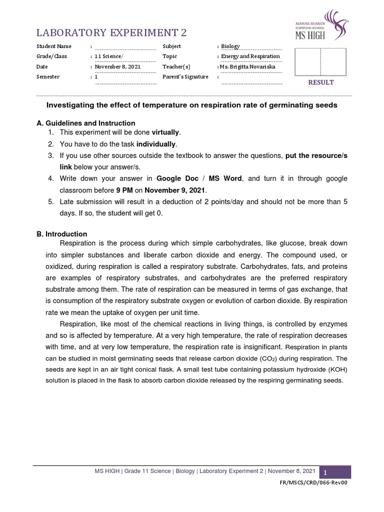 Laboratory Experiment 2: Investigating The Effect of Temperature On ...