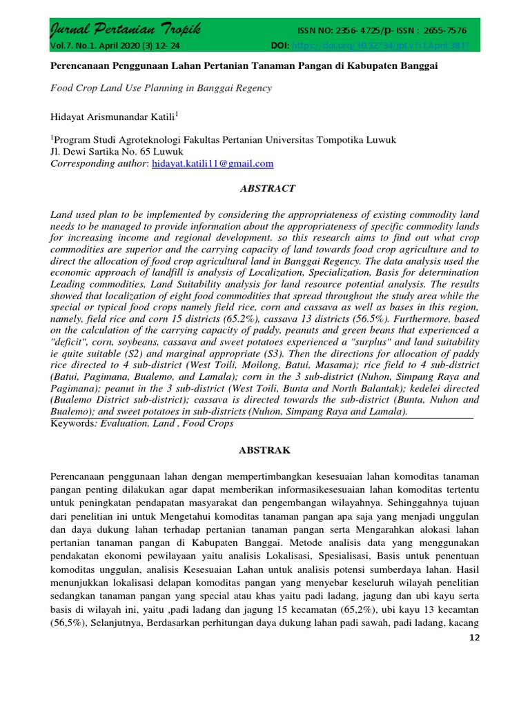 Jurnal Pertanian Tropik: Food Crop Land Use Planning in Banggai Regency ...