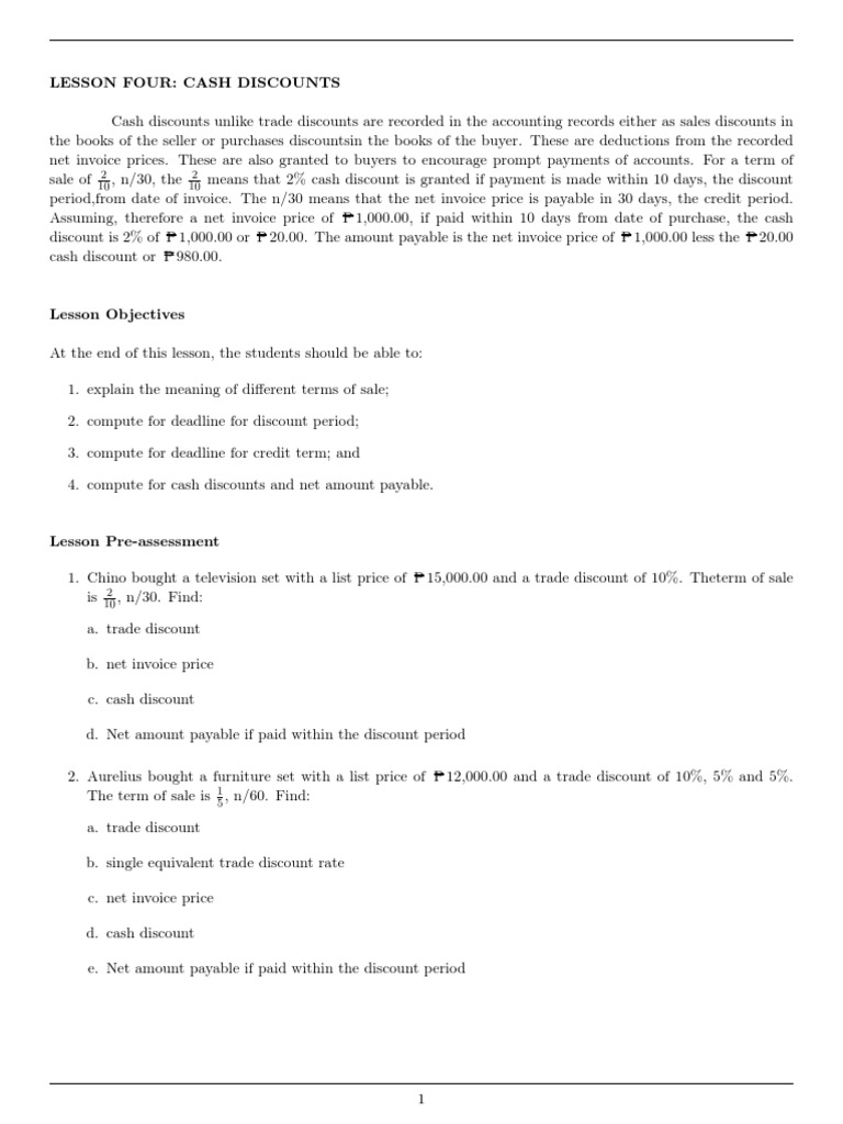 Cash Discounts Pdf Discounts And Allowances Discounting