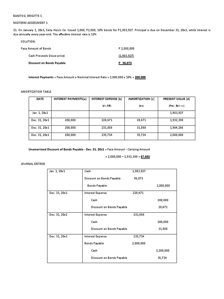 Banitog - Midterm Assessment 1 | PDF | Bonds (Finance) | Discounting