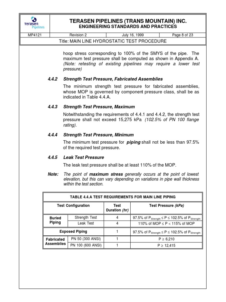 Main Line Hydrostatic Test Procedure Pipeline Trans 9 | PDF