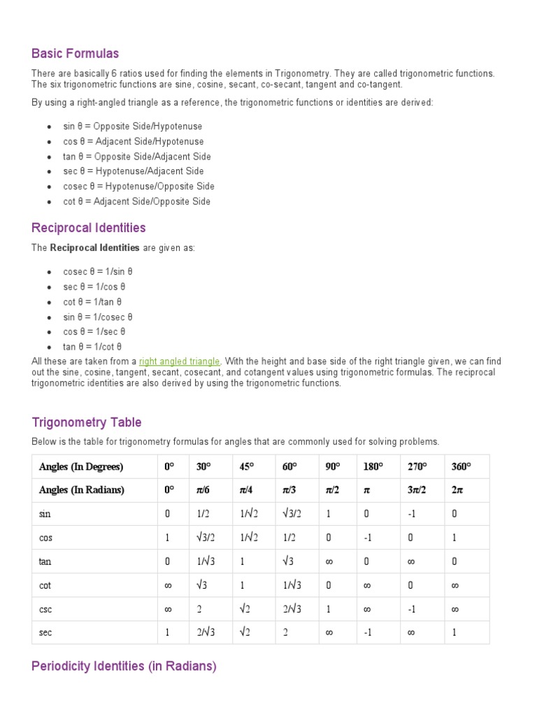 Trigonometry Formula | PDF | Trigonometric Functions | Trigonometry