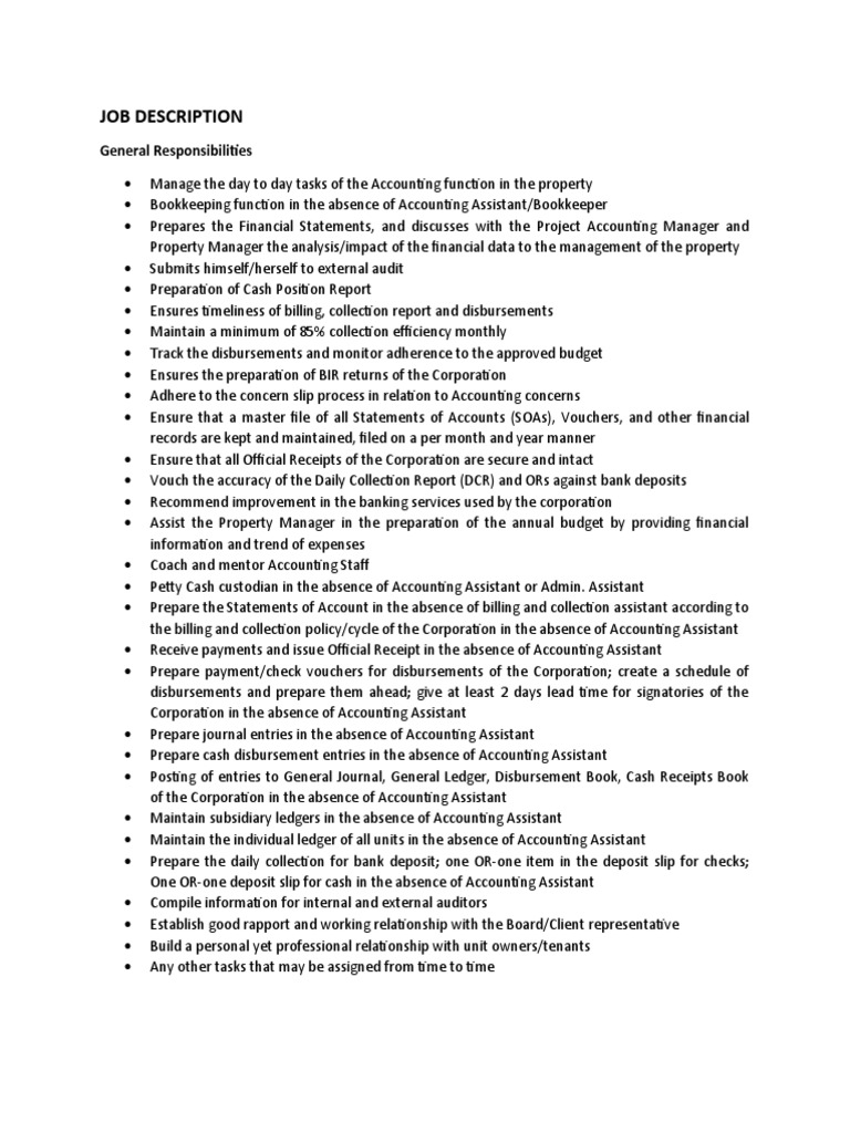 Job Description: General Responsibilities | PDF | Accounting | Bookkeeping