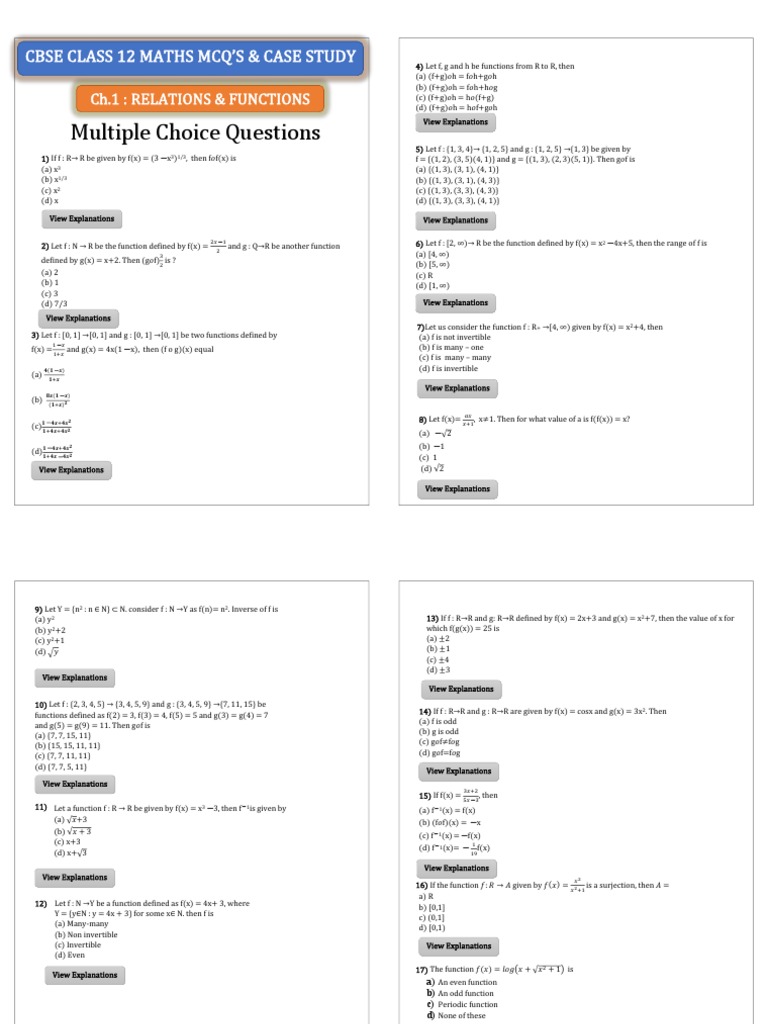 Multiple Choice Questions: Cbse Class 12 Maths MCQ'S & Case Study | PDF ...