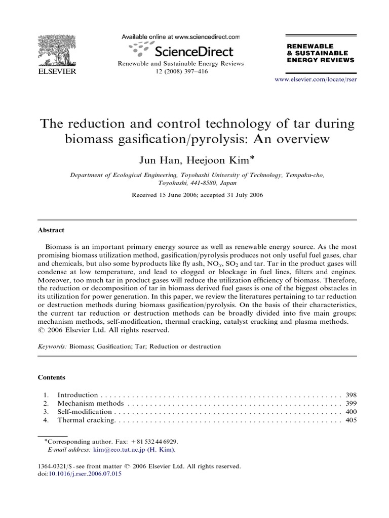 The Reduction and Control Technology of Tar During Biomass Gasification ...
