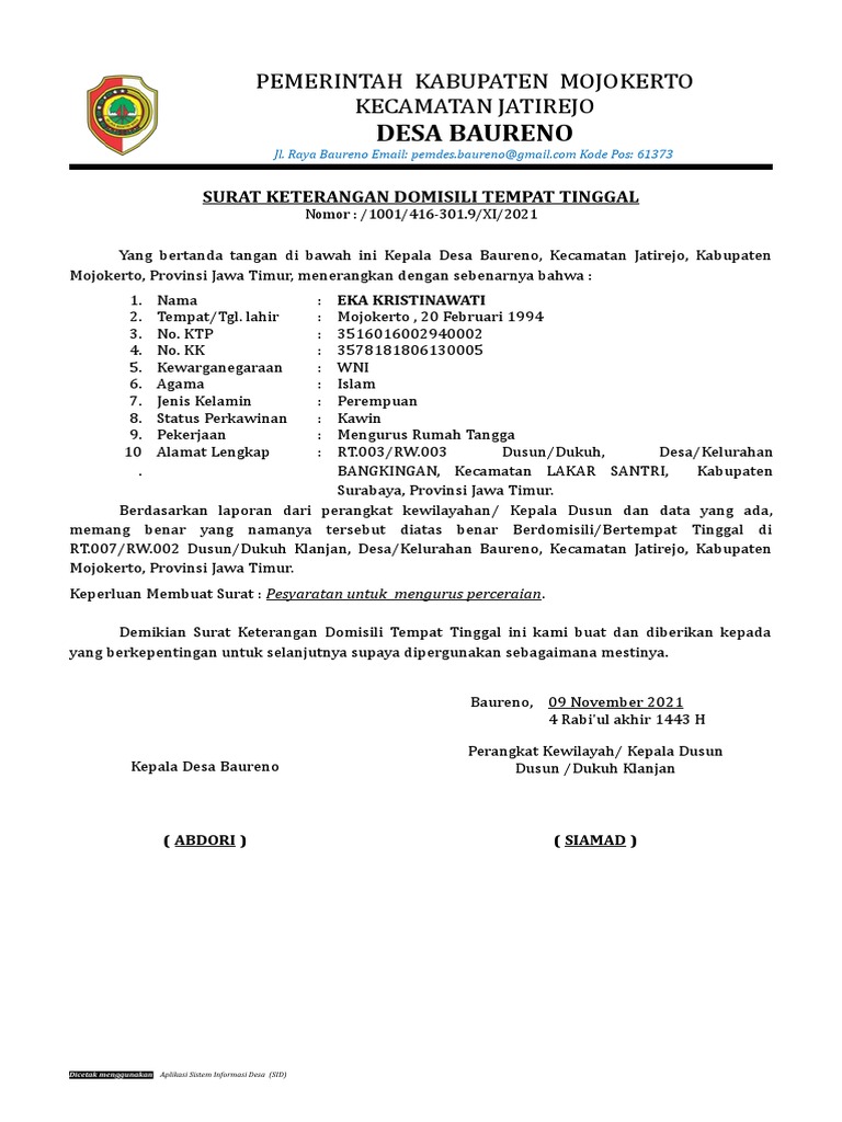 Surat Domisili Tempat Tinggal v2 3516016002940002 2021-11-09 1001 | PDF