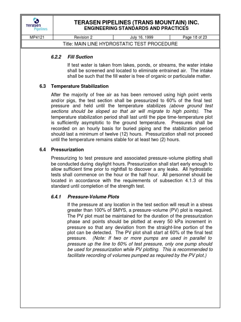 Main Line Hydrostatic Test Procedure Pipeline Trans 19 | PDF | Pressure ...