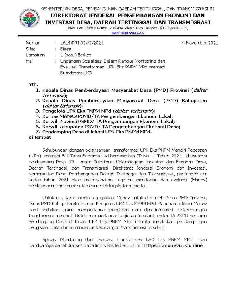 Undangan Sosialisasi Dalam Rangka Monitoring Dan Evaluasi Transformasi UPK Eks PNPM MPD Menjadi ...