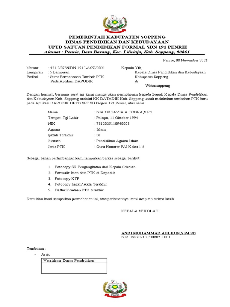 Permohonan Tambahan PTK | PDF