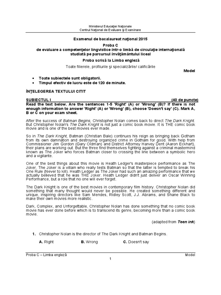 C Engleza Scris 2015 Subiect Model | PDF | Social Science