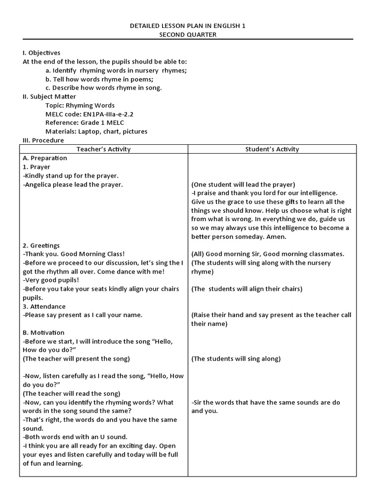 Detailed Lesson Plan in English 1: Rhyming Words | PDF | Lesson Plan ...