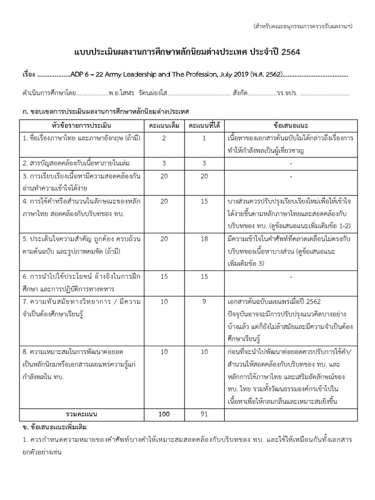แบบประเมินผลงาน ADP 6 - 22 Army Leadership and The Profession, July ...