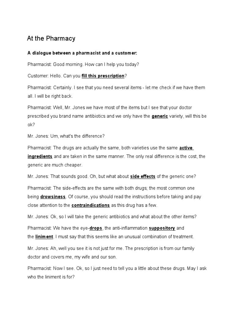 At The Pharmacy: A Dialogue Between A Pharmacist and A Customer | PDF ...