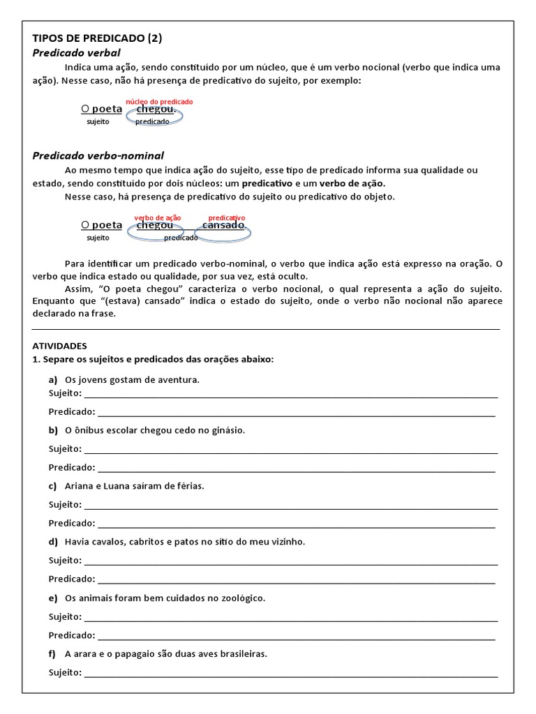 Tipos de Predicado | PDF | Assunto (gramática) | Predicado (gramática)