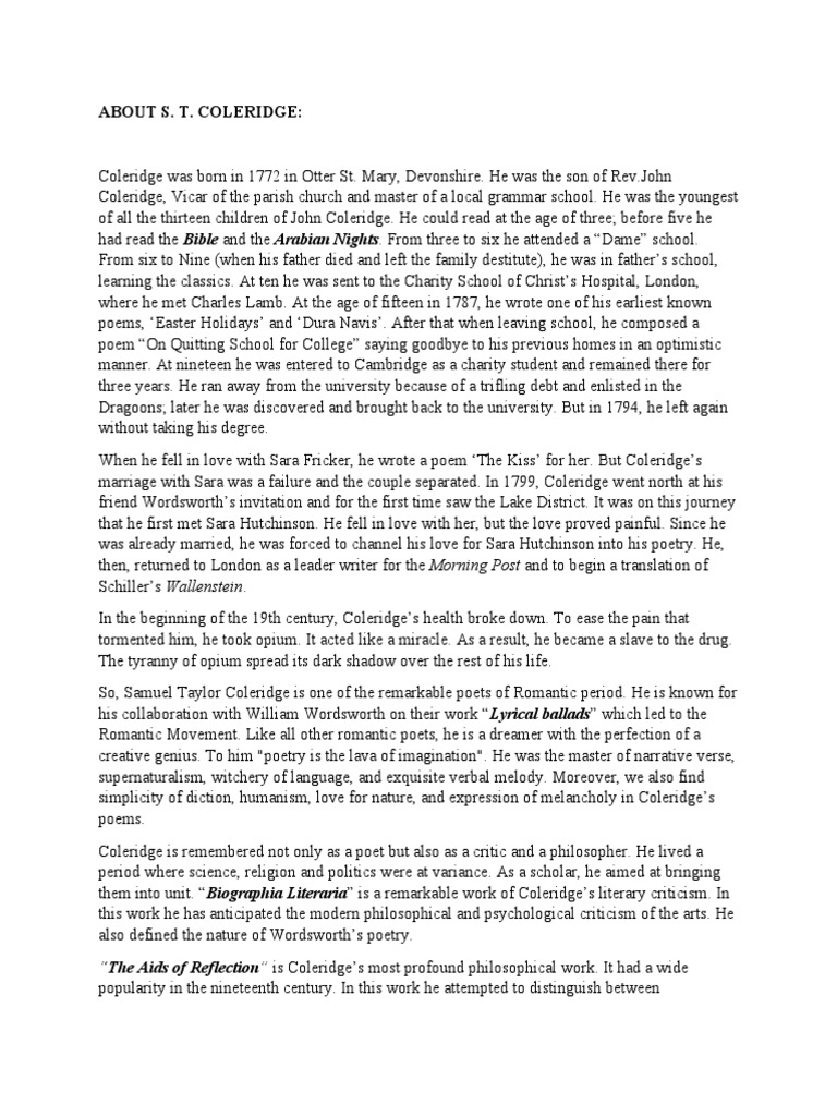 S.T. Coleridge: Poet, Critic and Philosopher (39 | PDF | Samuel Taylor ...