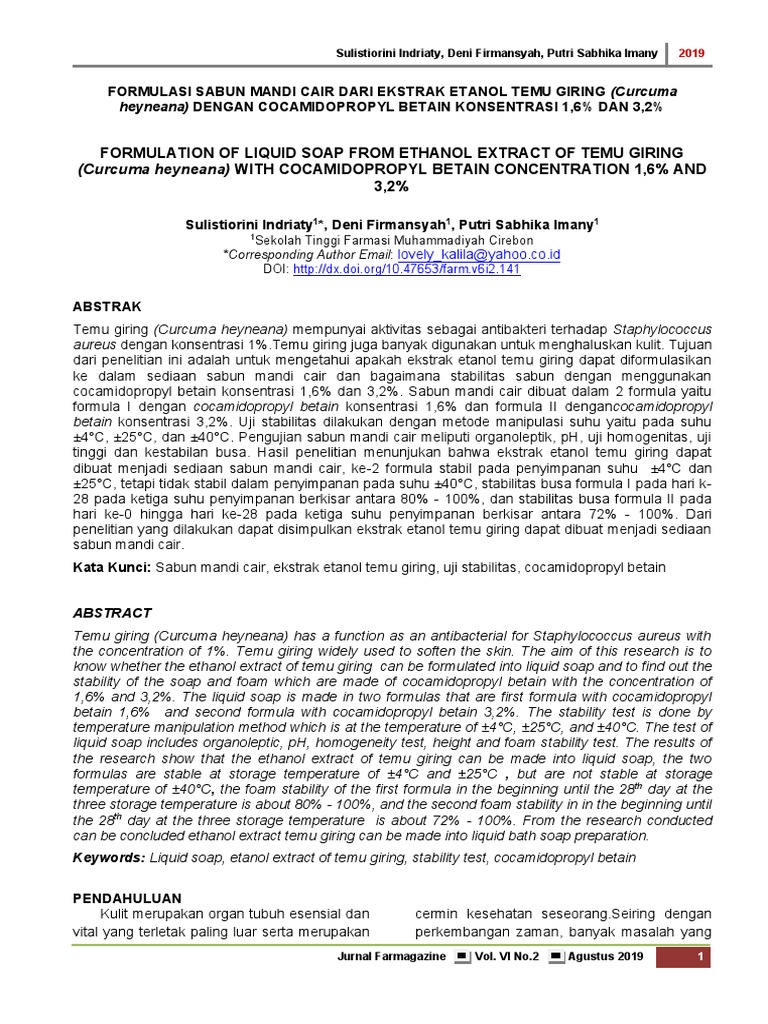 Formulasi Sabun Mandi Cair Dari Ekstrak 43554e2a | PDF