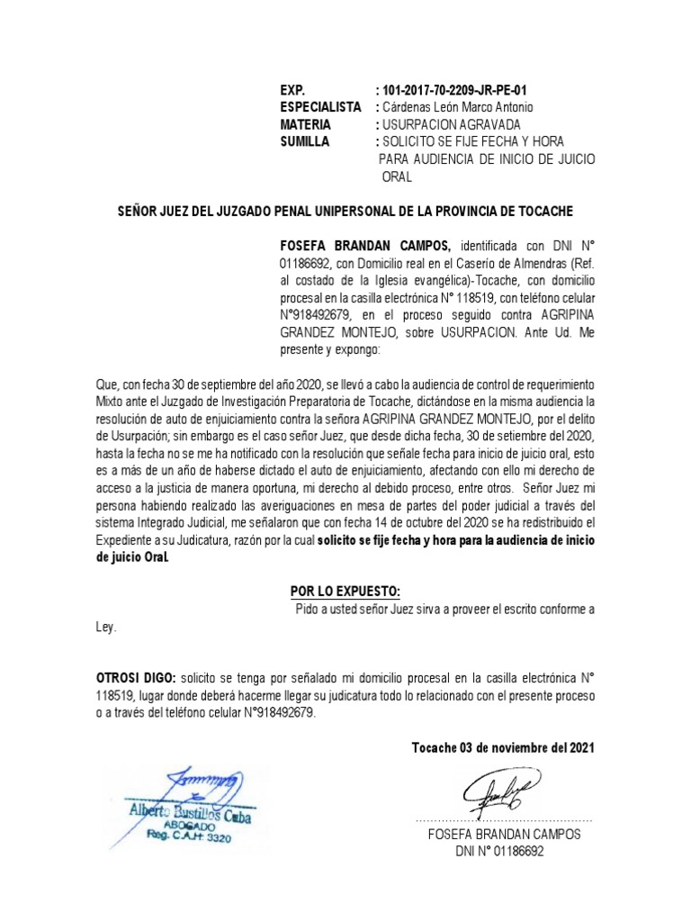 Solicito Se Señale Fecha y Hora para La Audiencia de Inicio de Juicio Oral | PDF | Juez | Ley ...