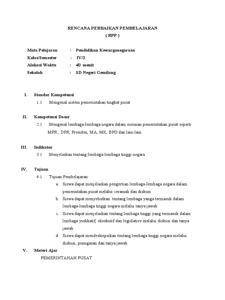 Contoh RPP Perbaikan PKN Kelas 4 | PDF