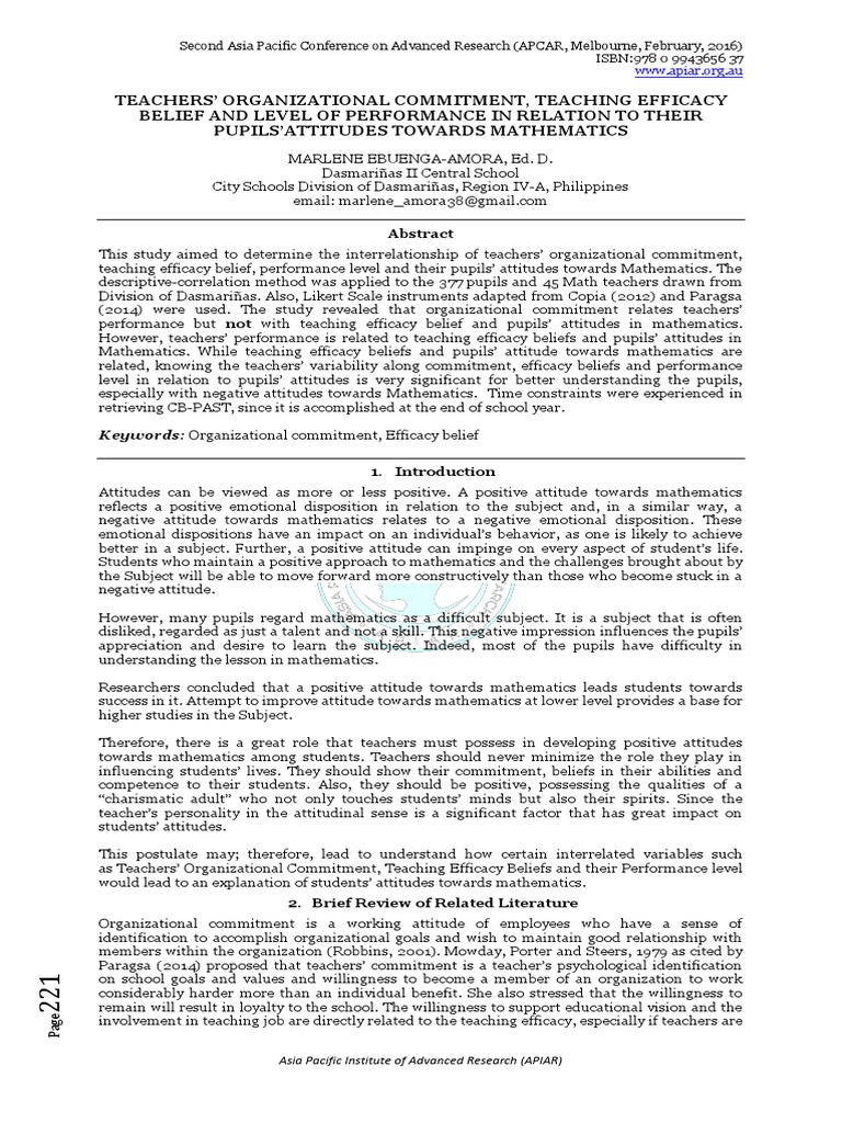 TEACHERS' ORGANIZATIONAL COMMITMENT, TEACHING EFFICACY BELIEF AND LEVEL ...
