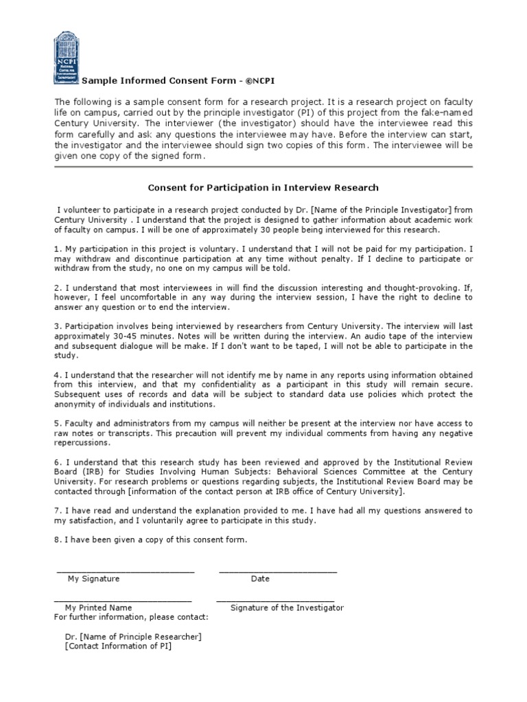 Sample Informed Consent Form: - ©ncpi | PDF | Institutional Review ...