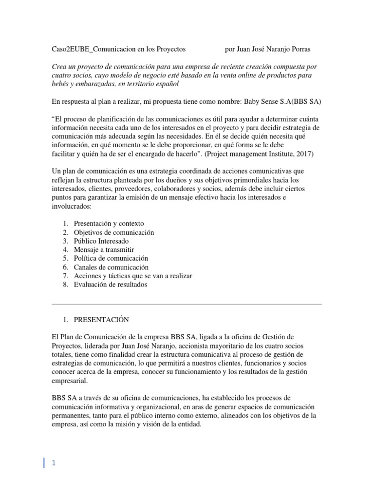 Caso Comunic Proy Eude Juan José Naranjo Porras | PDF | Modelo de negocio | Comunicación
