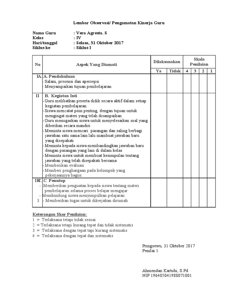 2.lembar Observasi Kinerja Guru-1 | PDF